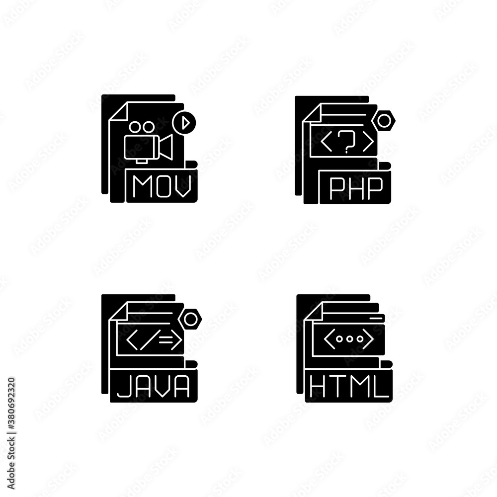 File types black glyph icons set on white space. MOV. PHP. JAVA. HTML ...
