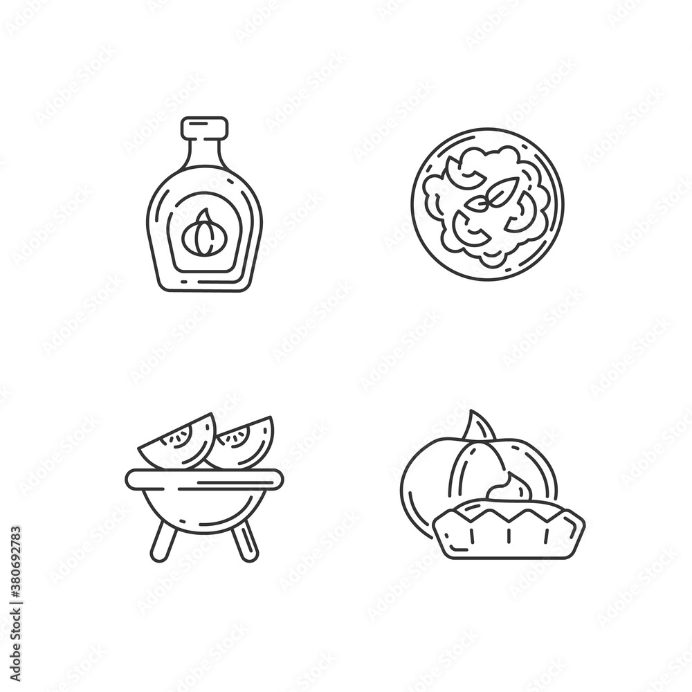 Homemade food linear icons set. Roasted gourd, pumpkin risotto, tasty ...