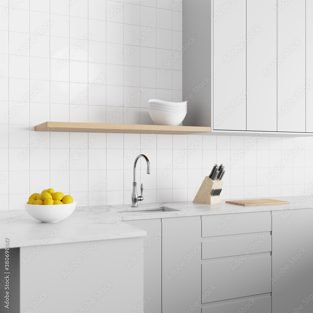 Contemporary Modern White Kitchen Wall Art Mockup Background Counter ...