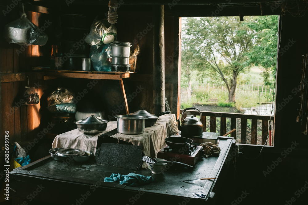 Traditional Burmese kitchen with open window and view to an outside ...