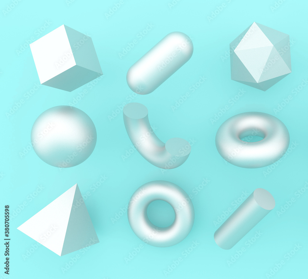 Set of 3d render realistic primitives on pastel background. Isolated graphic elements: sphere ...