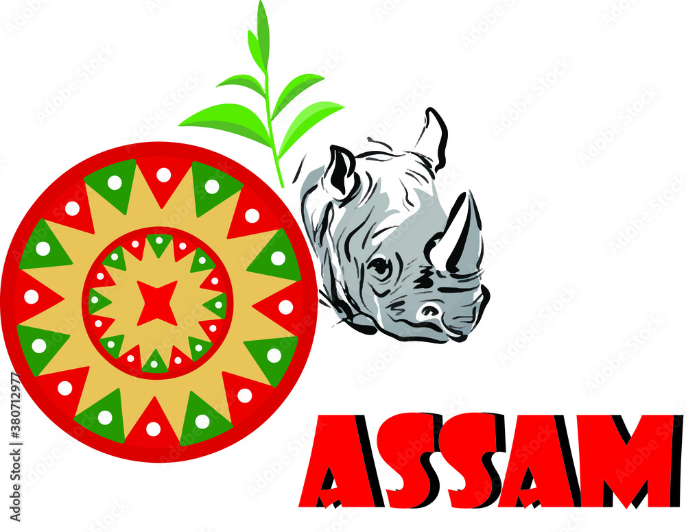 Vektorová grafika „pride of assam, japi/ jaapi , rhino and tea plant in ...