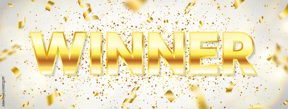 Winner gold text with flying confetti, glitter and glowing lights ...