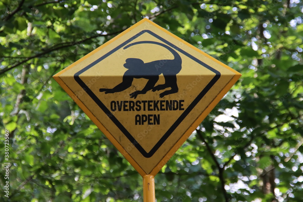 Yellow warning sign for crossing monkeys Stock Photo | Adobe Stock