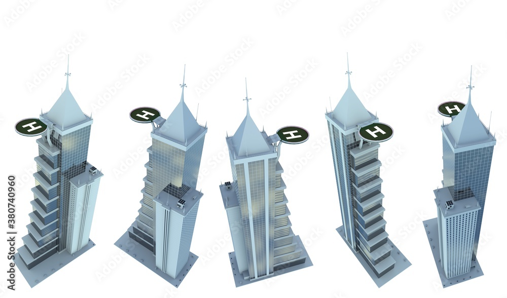 5 renders of fictional design buildings with helipad on roof with ...