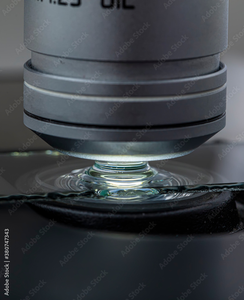 Distribution of immersion oil under light microscope objective lens ...