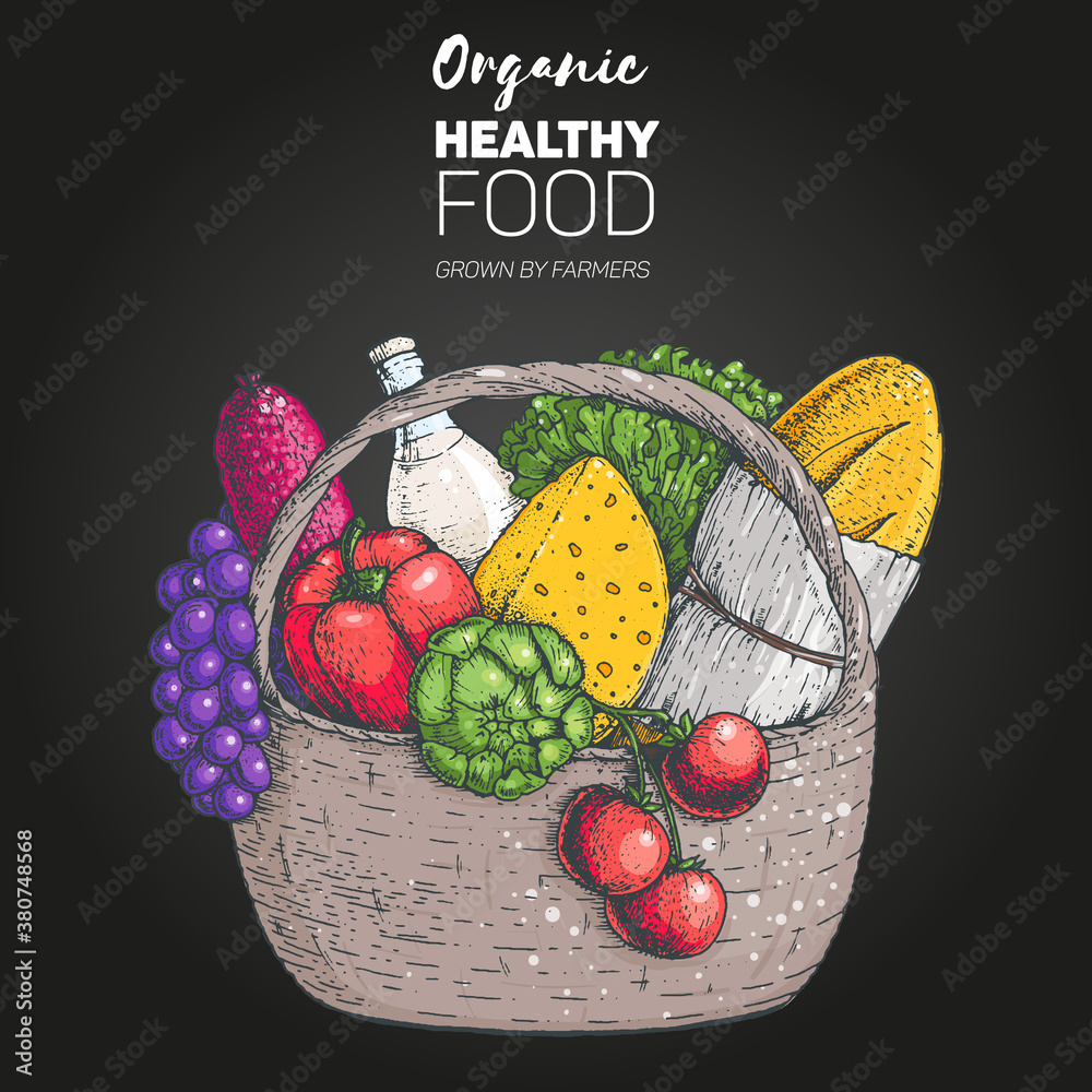 Colorful food basket illustration. Farmers products. Farm market label ...