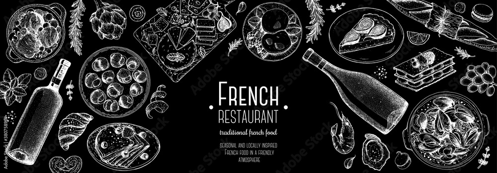 French food top view, Hand drawn. Classic French dishes. Food menu ...