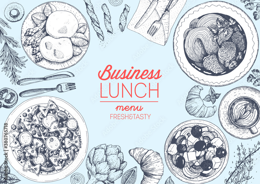 Vetor de Business lunch top view frame. Food menu design. Vintage hand ...