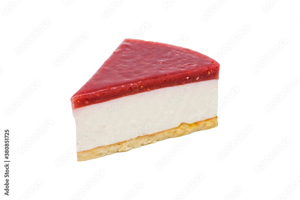 A slice of cheescake with raspberry jelly isolated on a white ...