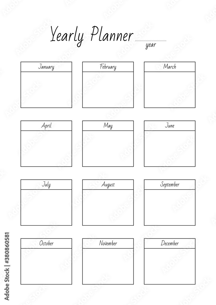 Yearly Planner. Blank printable vertical notebook page. Vector 8 ESP ...