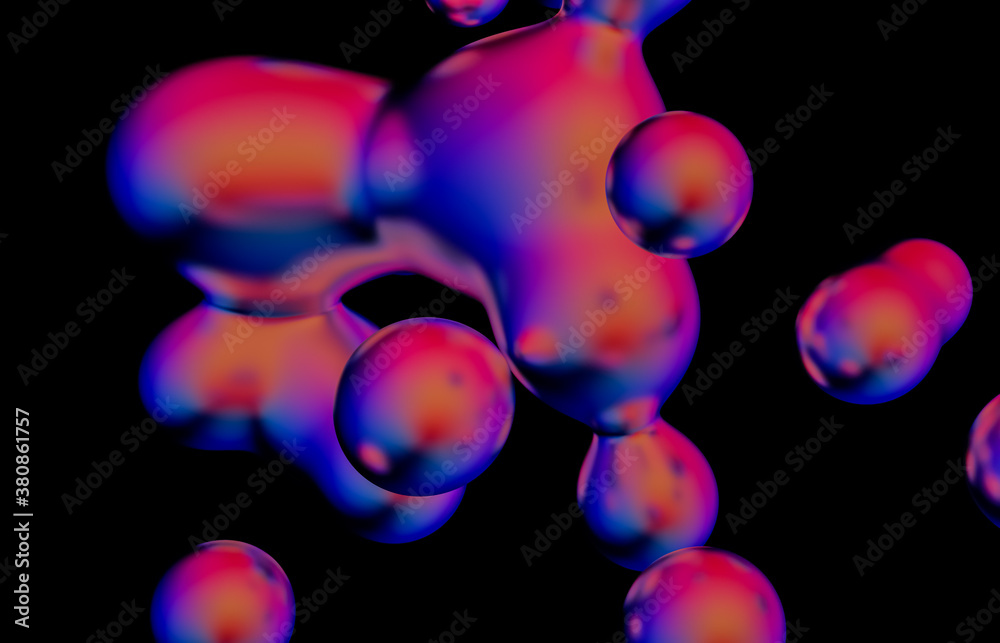 Abstract holographic floating liquid blobs on black background. soap ...