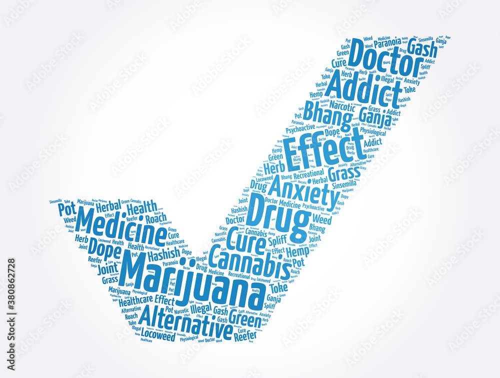 Marijuana check mark word cloud collage, medical concept background ...