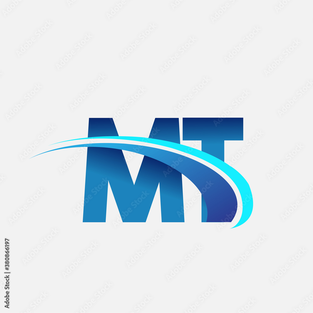 initial letter MT logotype company name colored blue and swoosh design ...