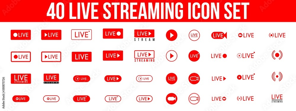 Set of live streaming icons. Set of video broadcasting and live streaming icon. Button, red ...