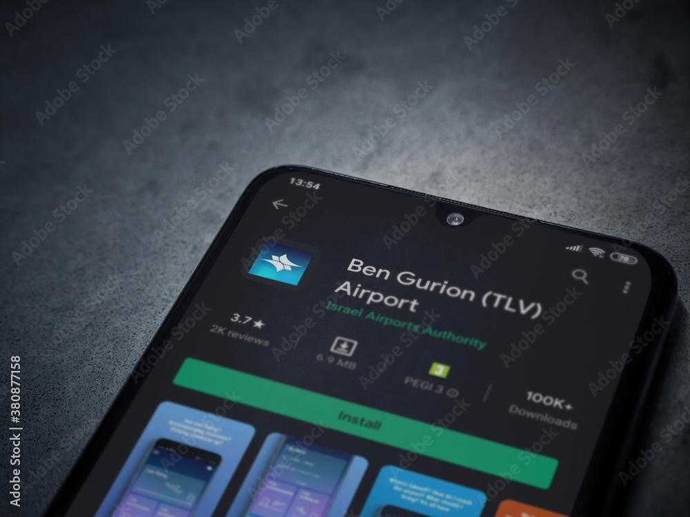 Lod, Israel - July 8, 2020: Ben Gurion Airport app play store page on ...