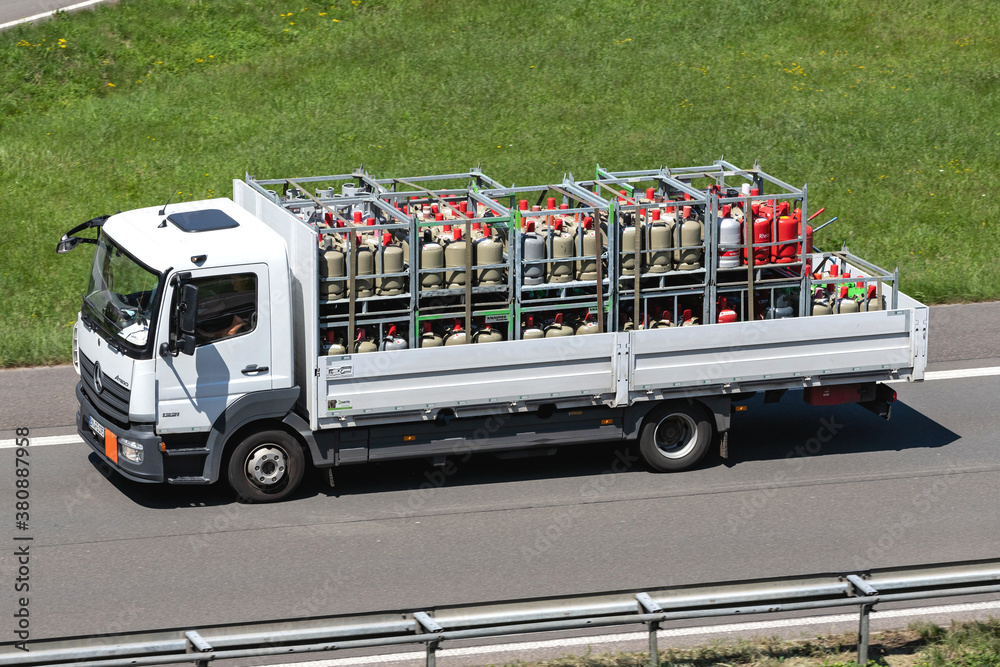 ENGELSKIRCHEN, GERMANY - JUNE 24, 2020: Mercedes-Benz Atego gas bottle ...