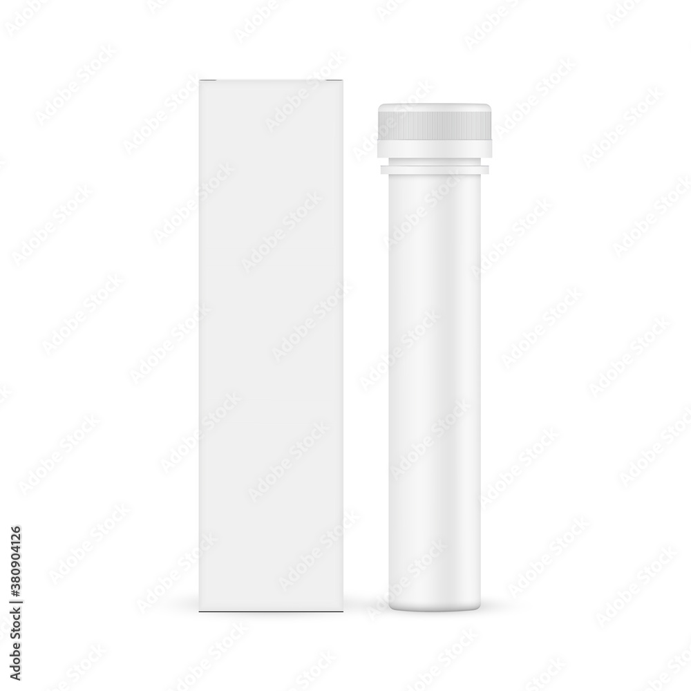 Plastic tube for effervescent tablets with paper box, front view ...