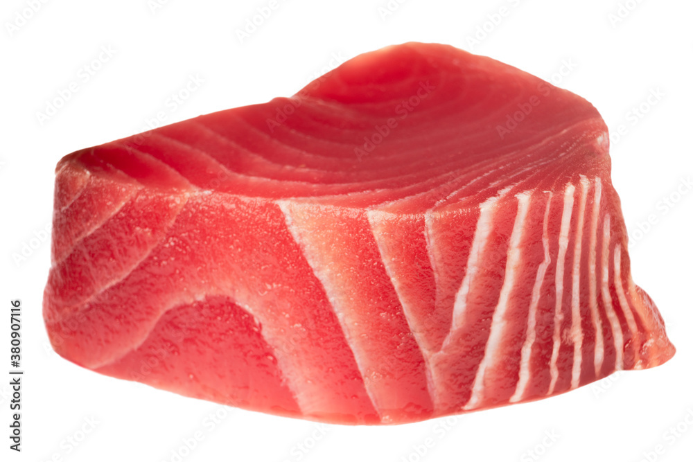 Yellow fin tuna steak isolated on white background. Fresh rare tuna ...