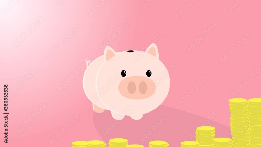 2d animation of a piggy bank dancing at the sight of many gold coins on ...