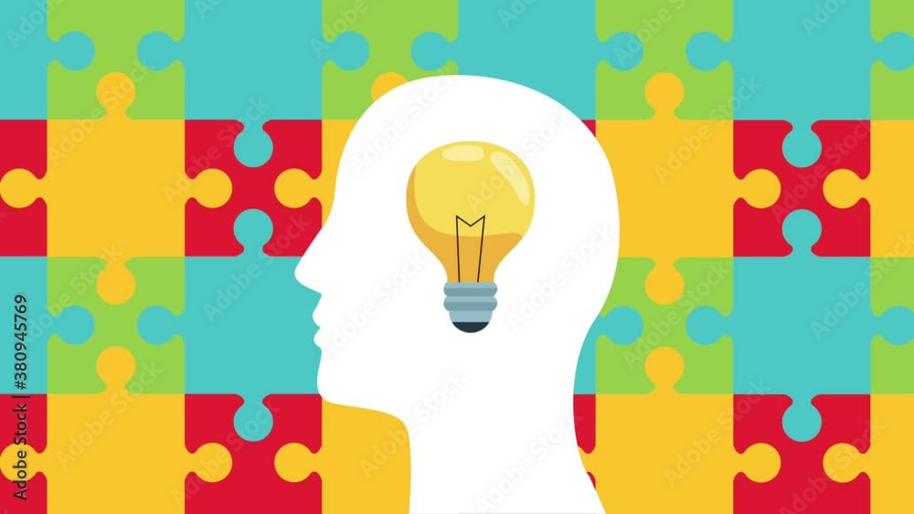 mental health animation with profile silhouette and bulb in puzzles ...