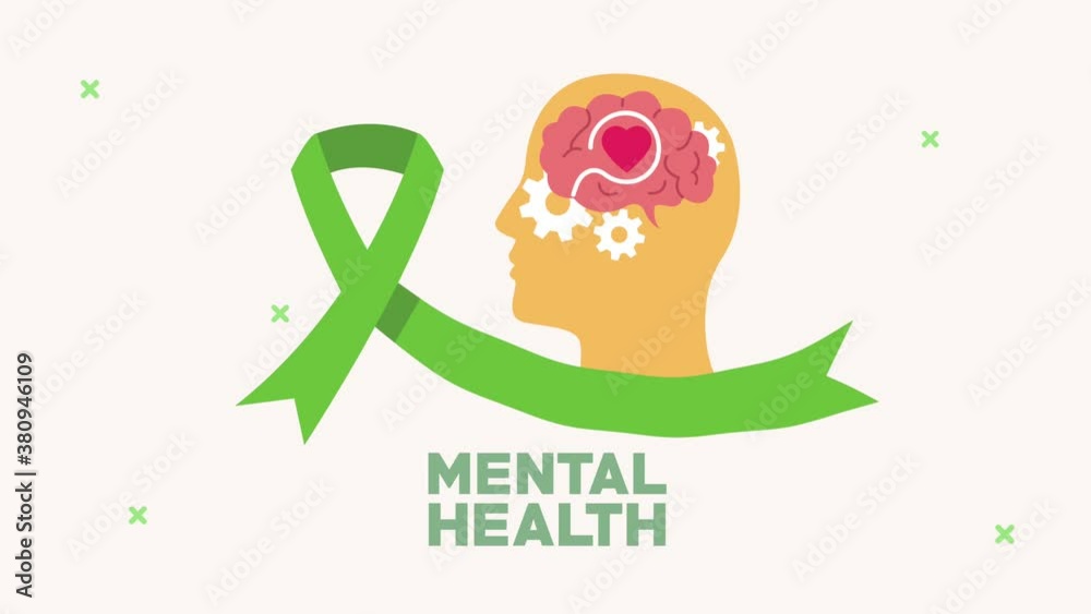 mental health animation with profile silhouette and ribbon campaign ...