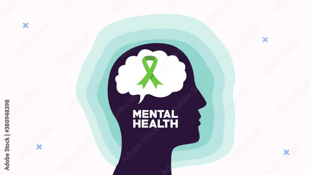 mental health animation with profile silhouette and ribbon campaign in ...