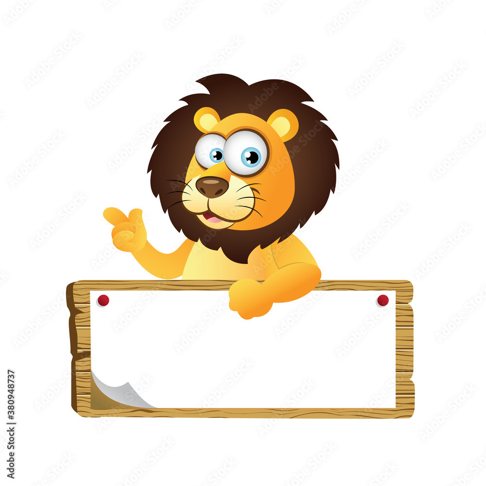 Cartoon Lion holding a Big Wooden Signboard Stock Vector | Adobe Stock