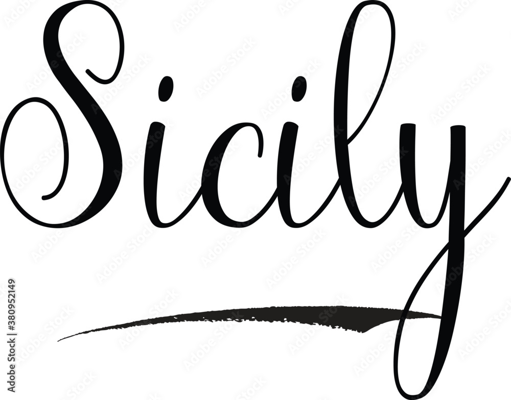Sicily Cursive calligraphy Black Color Text On White Background Stock ...