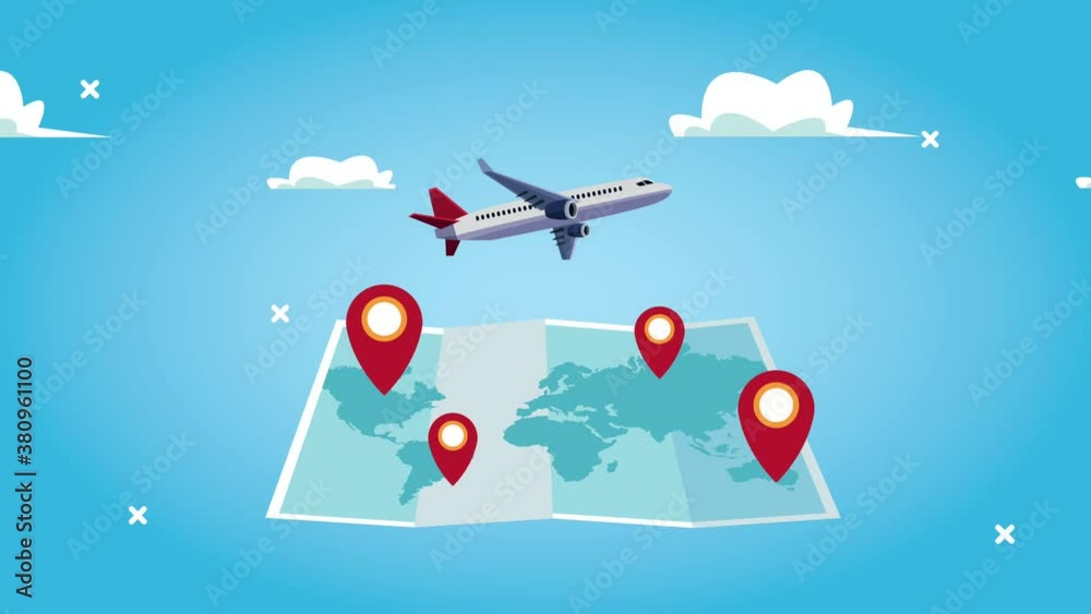 world tourism animation with airplane flying in paper map and pins ...