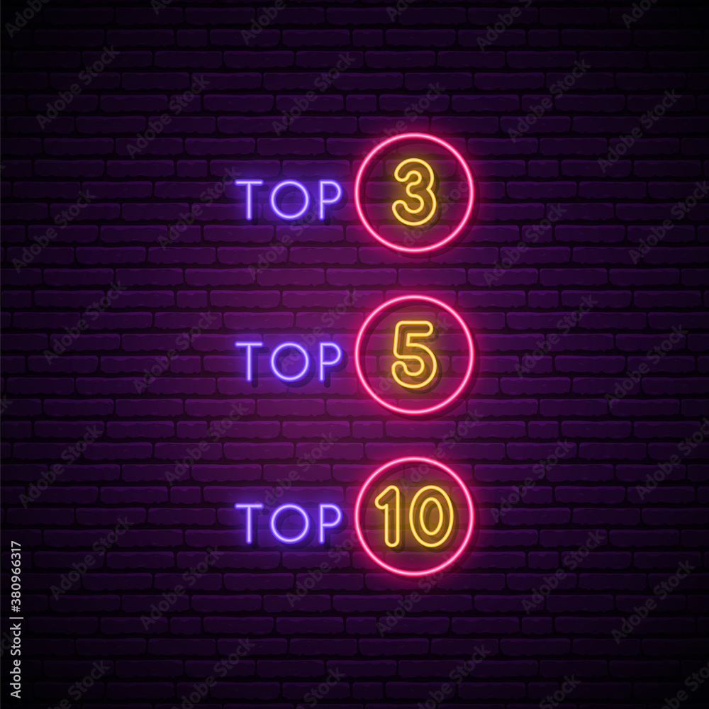 Neon rating signboard. Glowing symbols of Top 3, Top 5 and Top 10 ...