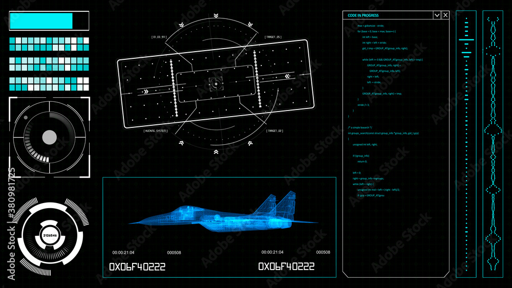Futuristic HUD elements on a computer display with military plane ...