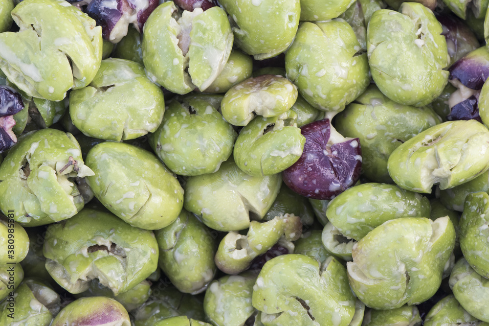 Olives of the Gordal variety mashed or crushed to extract the bone and ...