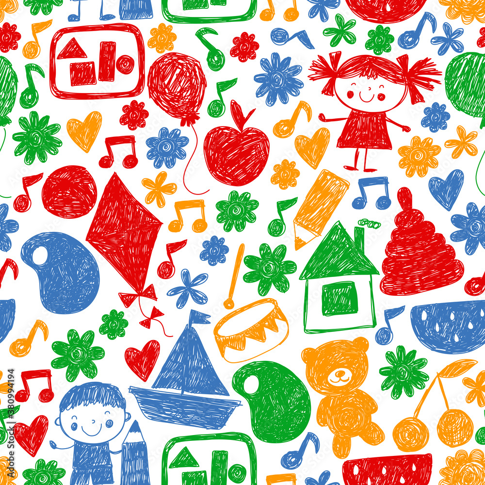 Kindgergarten vector pattern. Kids drawing style. Children play and ...