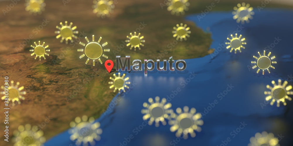 Maputo city and sunny weather icon on the map, weather forecast related ...