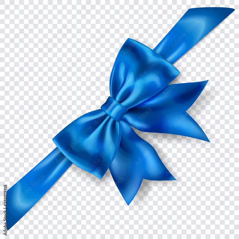 Beautiful blue bow with diagonally ribbon with shadow on transparent ...