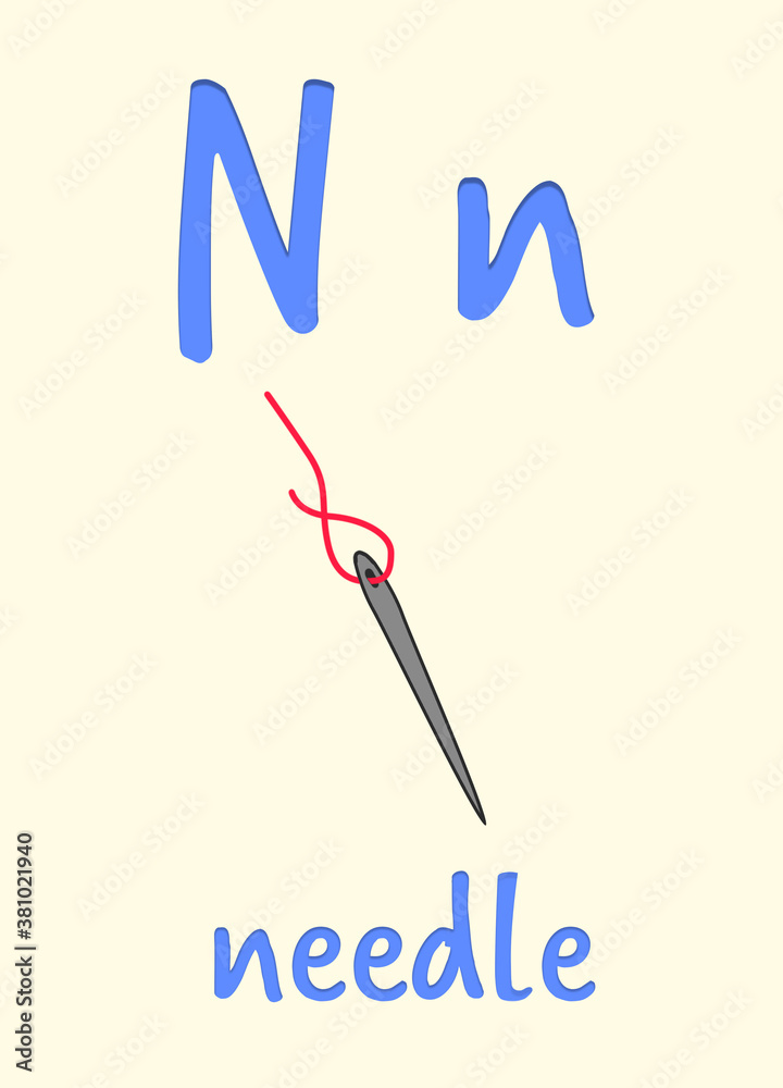 Learning English alphabet. Card with letter N and needle, illustration ...