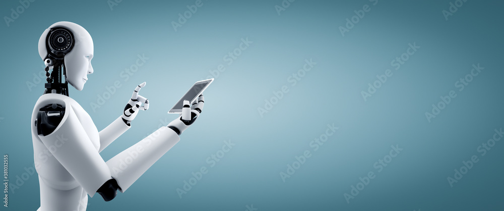 Robot humanoid use mobile phone or tablet in future office while using ...