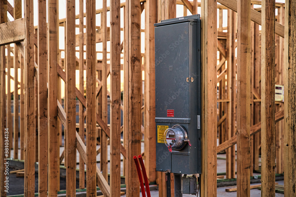 Main electrical panelboard (electric panel) and meter for residential ...