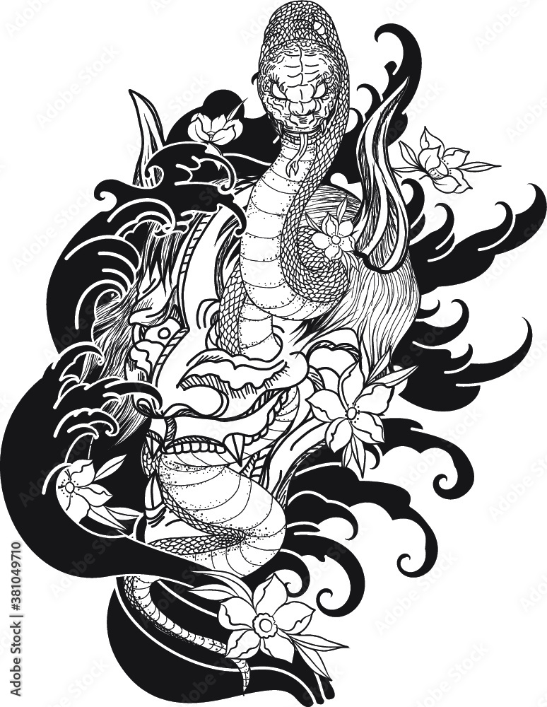 Japanese snake demon tattoo vector and hand drawn illustration.Hand ...