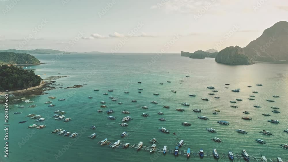 Aerial tropic harbor with boats, ships, vessels at ocean coast ...