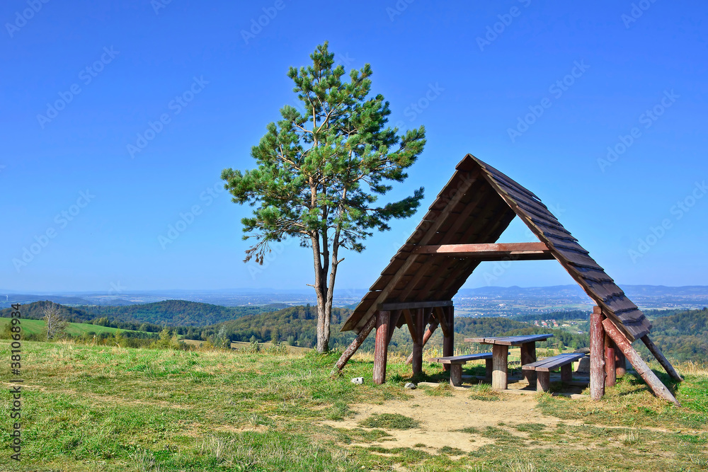 A resting place for tourists in mountains, Przymiarki, Low beskids ...