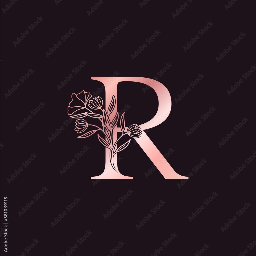 Gold Rose Flower Letter R Luxury Logo. Elegant alphabet monogram nature ...