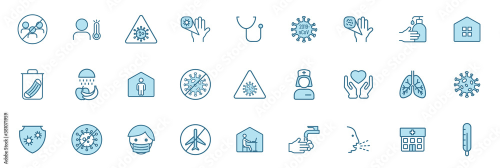 Vettoriale Stock coronavirus outline vector icons in two colors ...