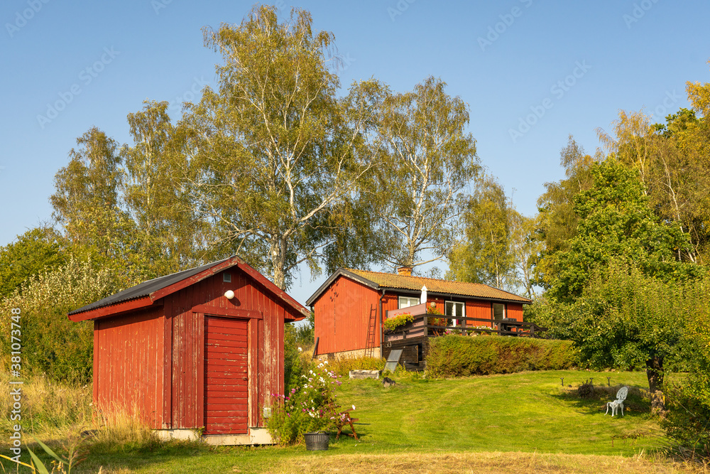 Typical Scandinavian Swedish red wooden house. Countryside authentic ...
