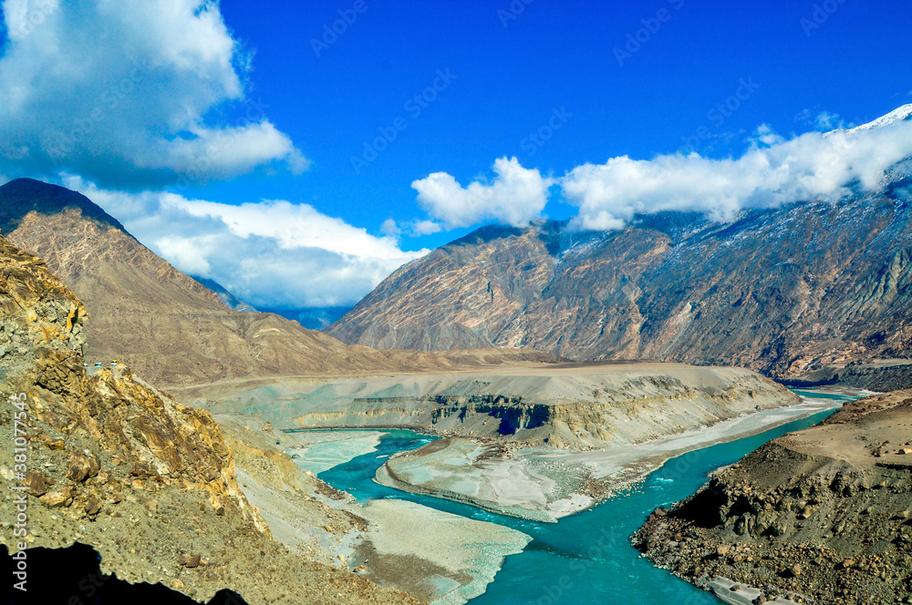 Indus river in the Karakoram mountains range near the Gilgit alongside the Karakoram Highway ...
