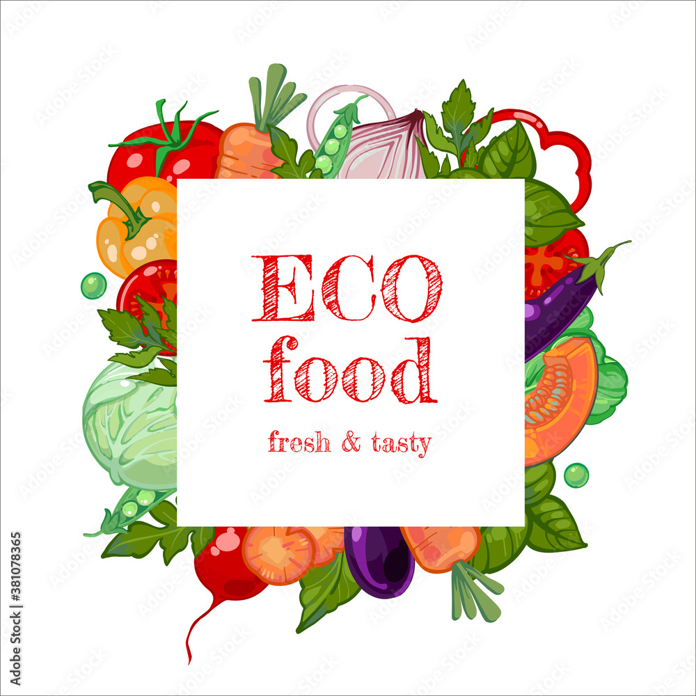 Organic fresh vegetables square frame. Healthy food design with hand ...