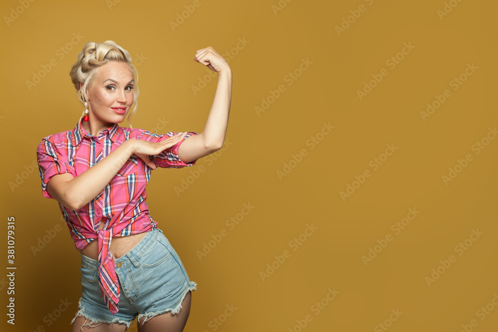 Pin-up woman power concept. Pin-up woman like We Can Do It poster on ...