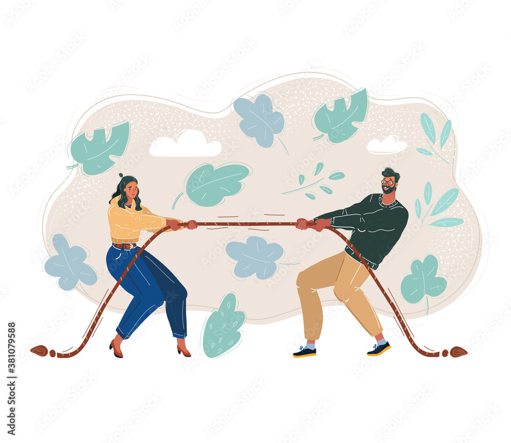 Vector illustration of man and woman pulling a rope. Couple of people ...
