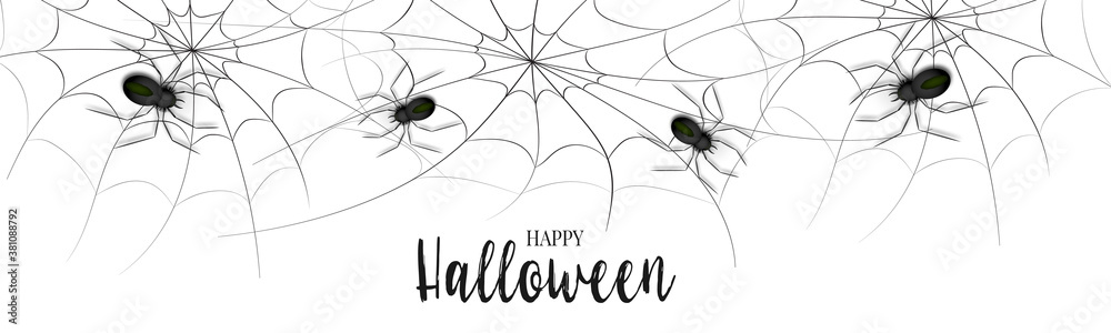 Halloween banner template. Realistic black spiders and web. Trick or ...